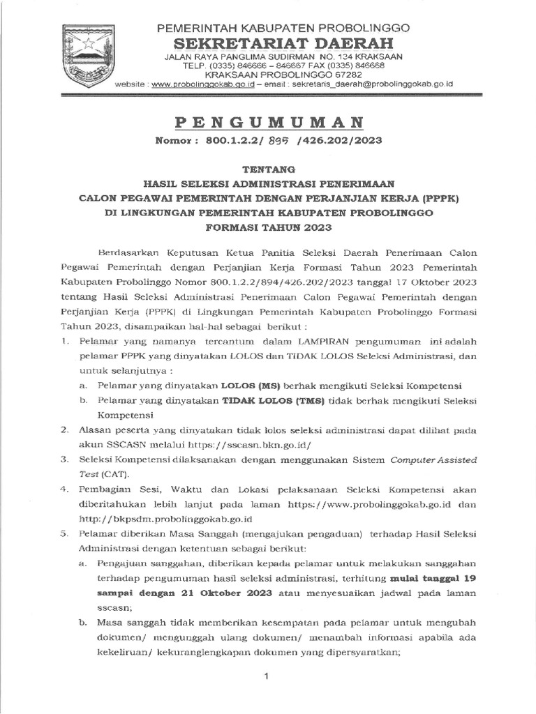 Pengumuman Seleksi Administrasi PPPK Formasi Tahun 2023 - Compressed ...