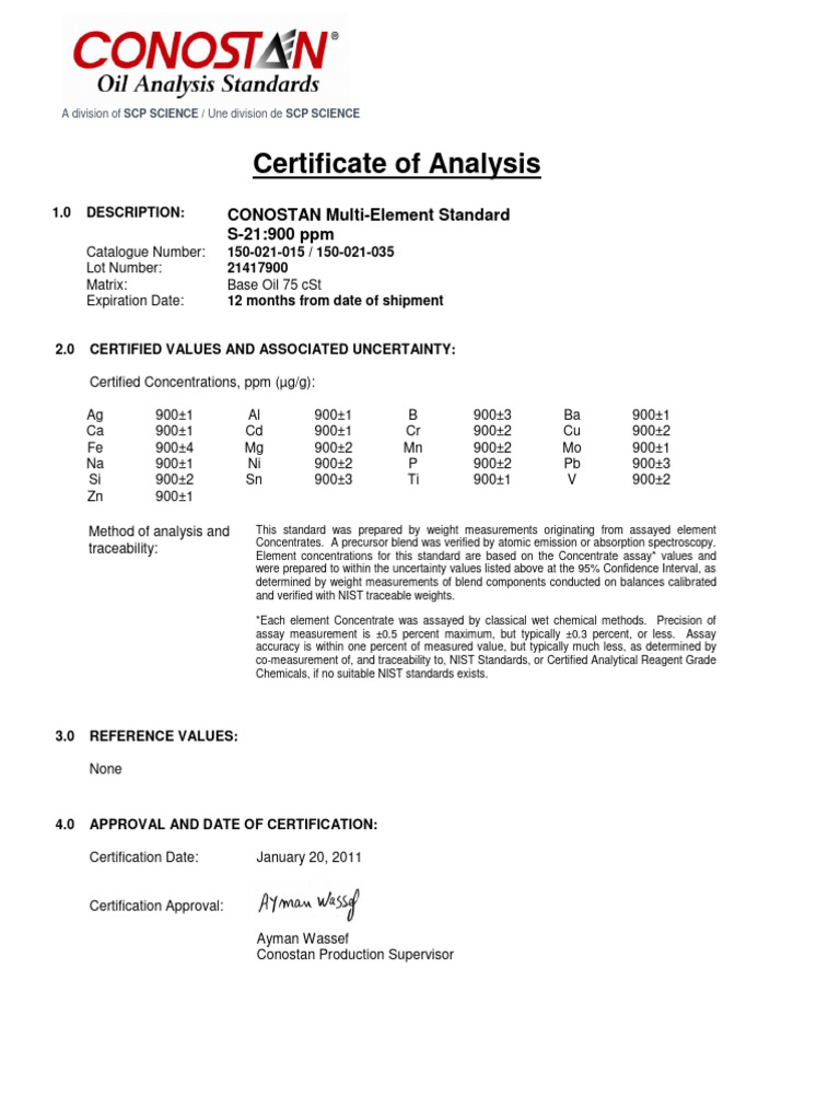 Certificate of Analysis: CONOSTAN Multi-Element Standard S-21:900 PPM ...
