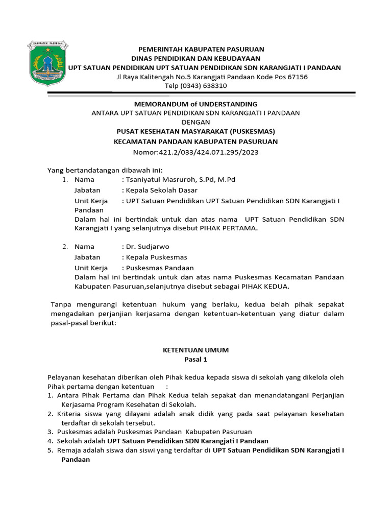 Mou Sd Dengan Puskesmas Pdf