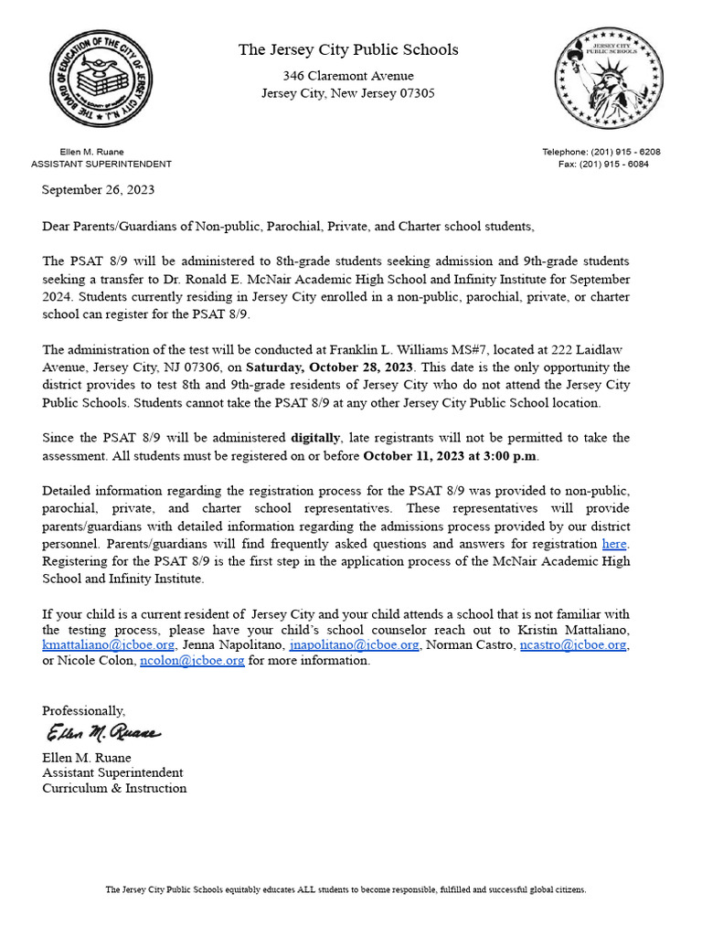 The Jersey City Public Schools: Ellen M. Ruane Telephone: (201) 915 ...