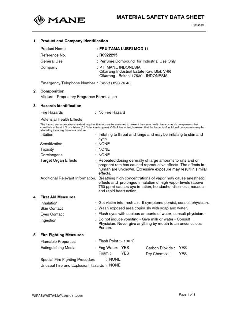 MSDS Fruitama Lubri Mod 11 | PDF | Water | Firefighting
