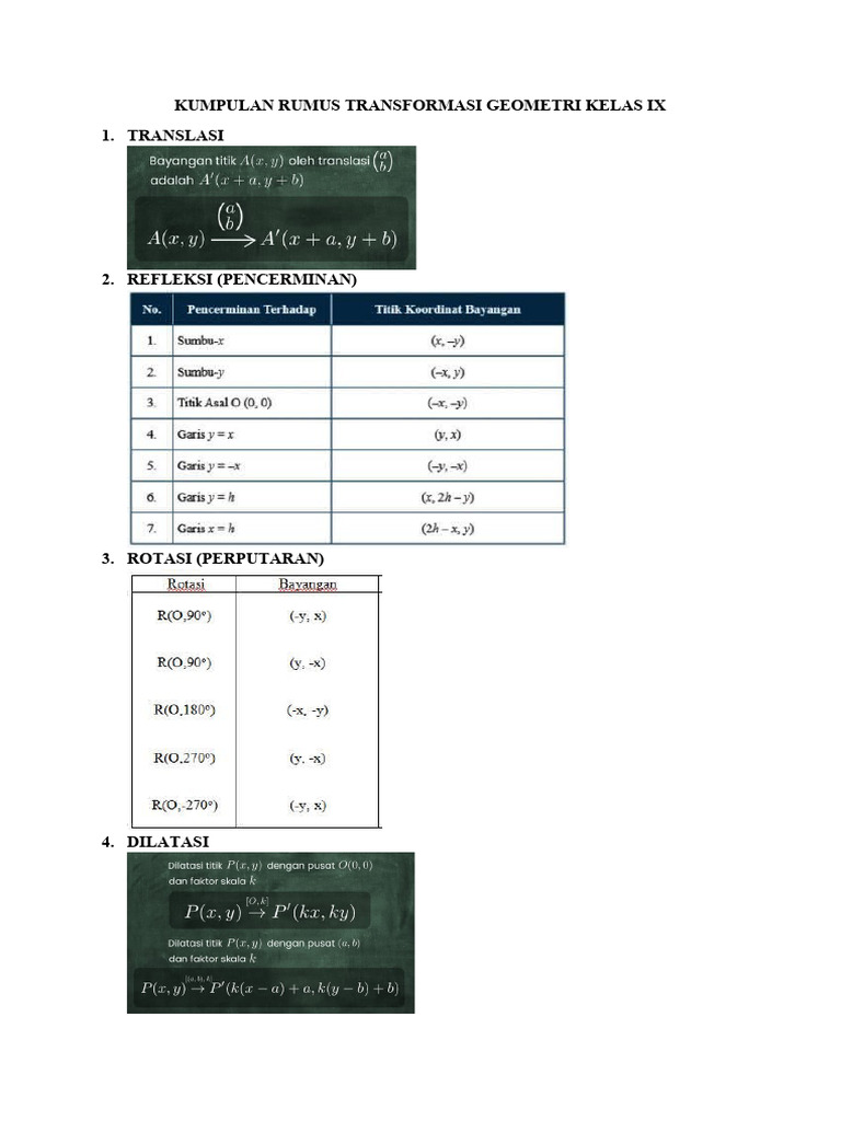 Kumpulan Rumus Transformasi Geometri Kelas Ix | PDF