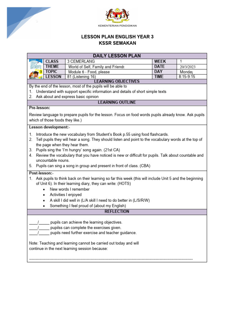 RPH BI THN 3 NEW 6 - Module 6 (LP81-96) Pencerapan | PDF | Lesson Plan | Teachers