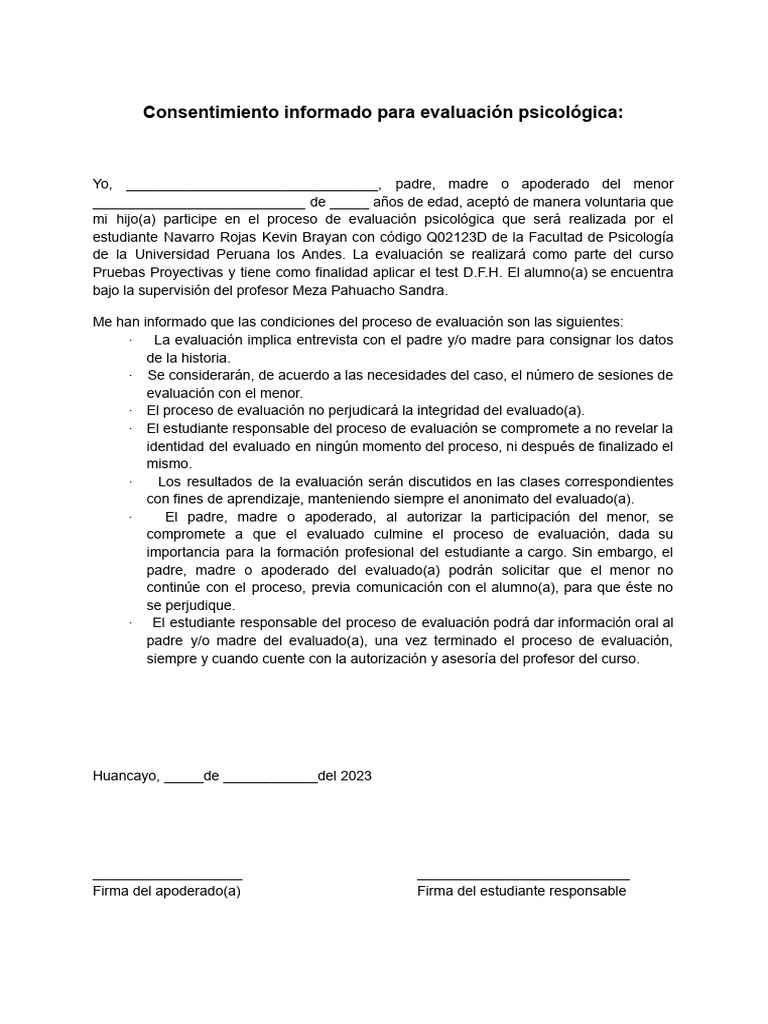 Consentimiento Informado para Evaluación Psicológica | PDF