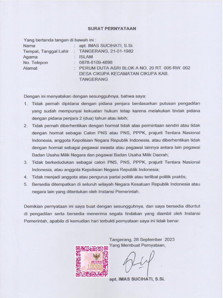 Surat Pernyataan Ematerai | PDF