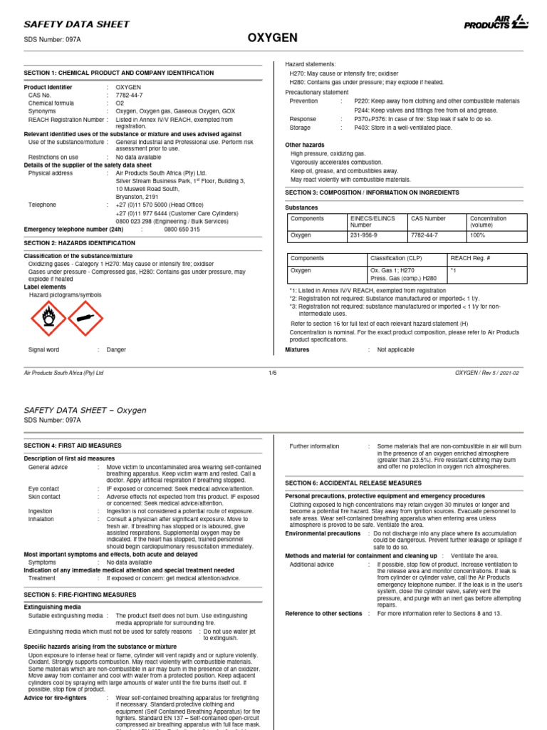 MSDS 097A APSAP Oxygen GenInd GHS 2021 01 | PDF | Chemical Substances ...