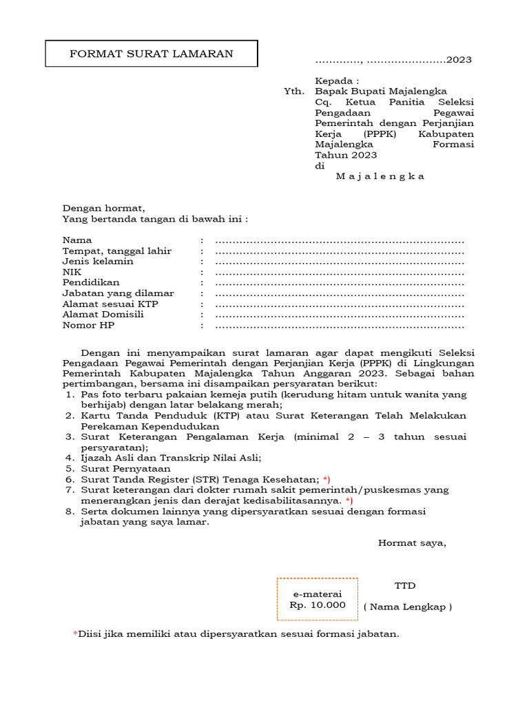 Lampiran Iv Format Surat Lamaran PPPK | PDF
