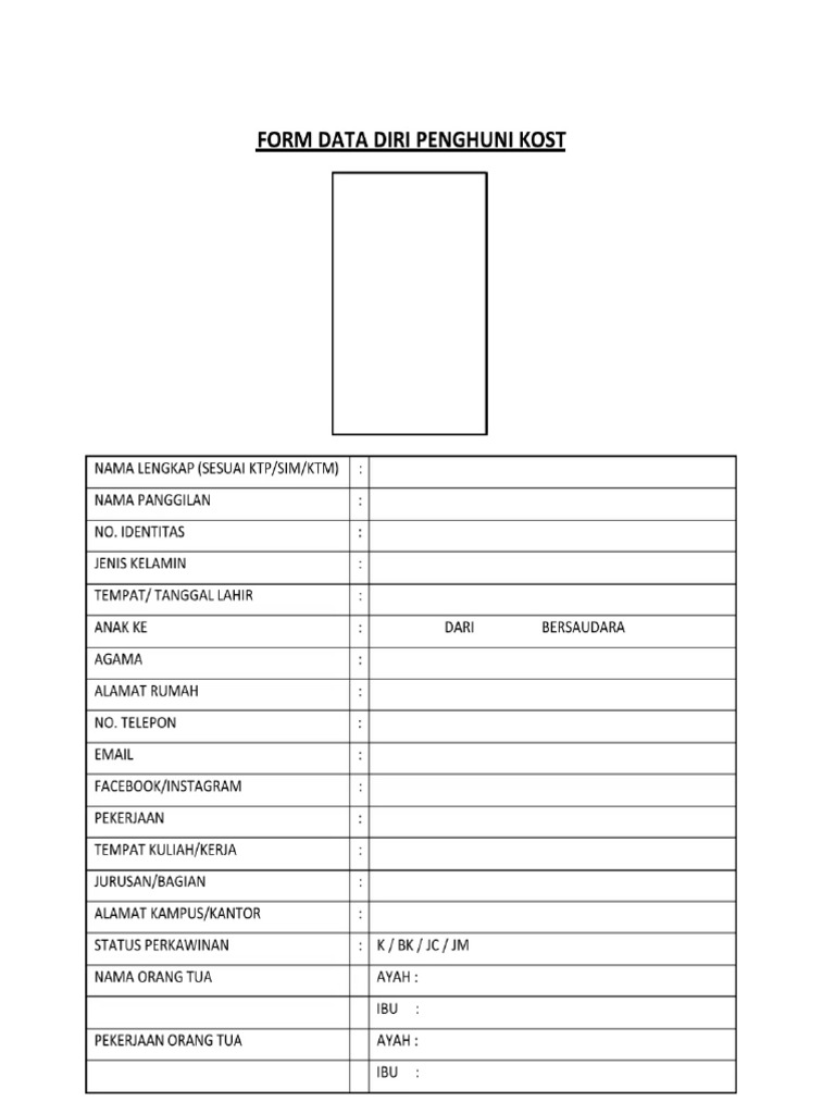 Biodata Kosan Aisyah Alfatih Formulir | PDF