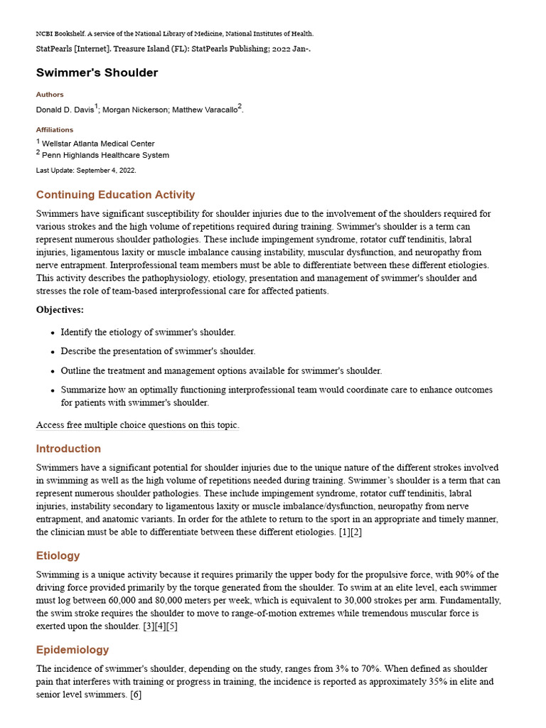 Swimmer's Shoulder - StatPearls | PDF | Shoulder | Limbs (Anatomy)