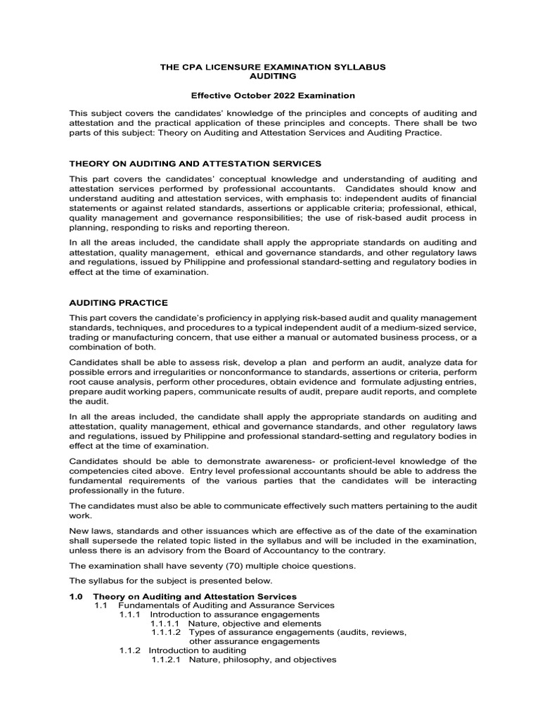 Auditing - Cpale Syllabus Effective October 2022 | PDF | Audit ...