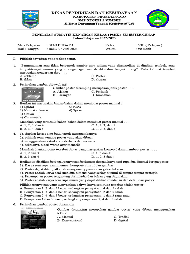 Soal PS Kelas VIII - Seni BudayaSMTR 2 | PDF