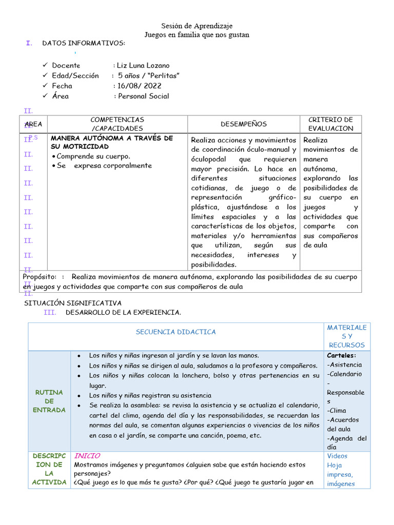 Sesión de Aprendizaje Juegos en Familia Que Nos Gustan: Manera Autónoma ...