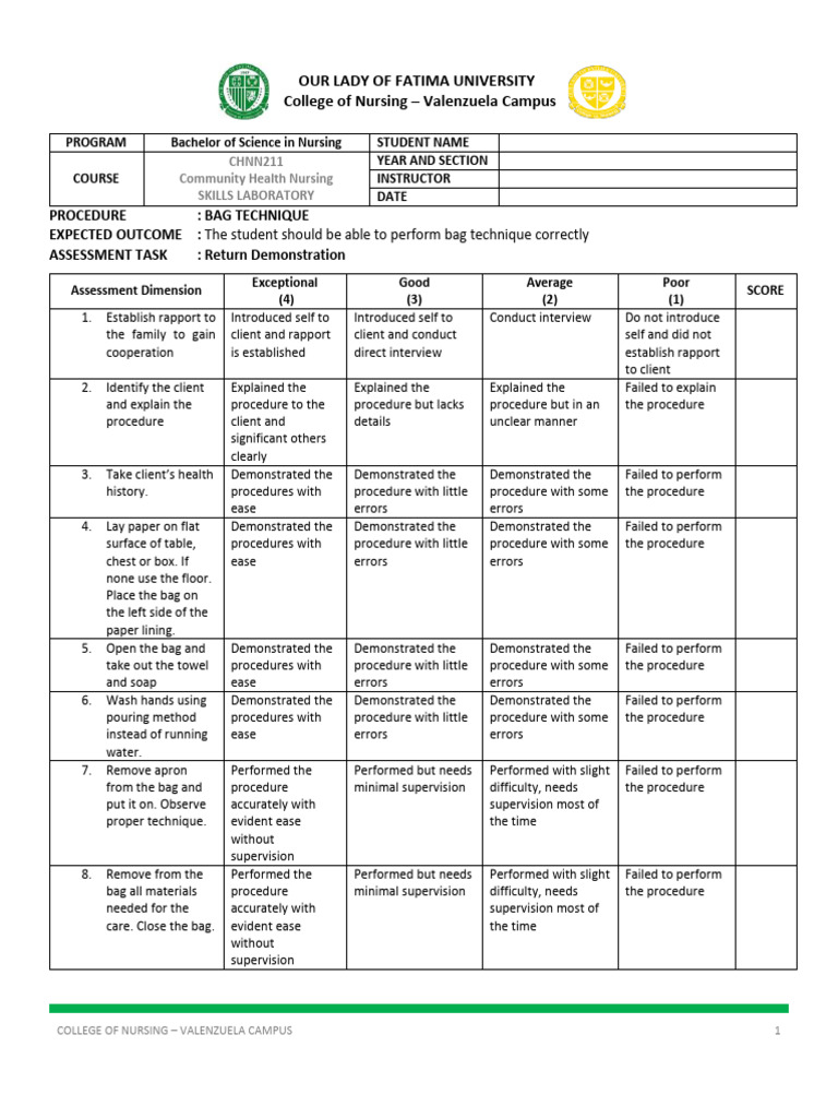 CHN RUBRICS - Bag Technique | PDF