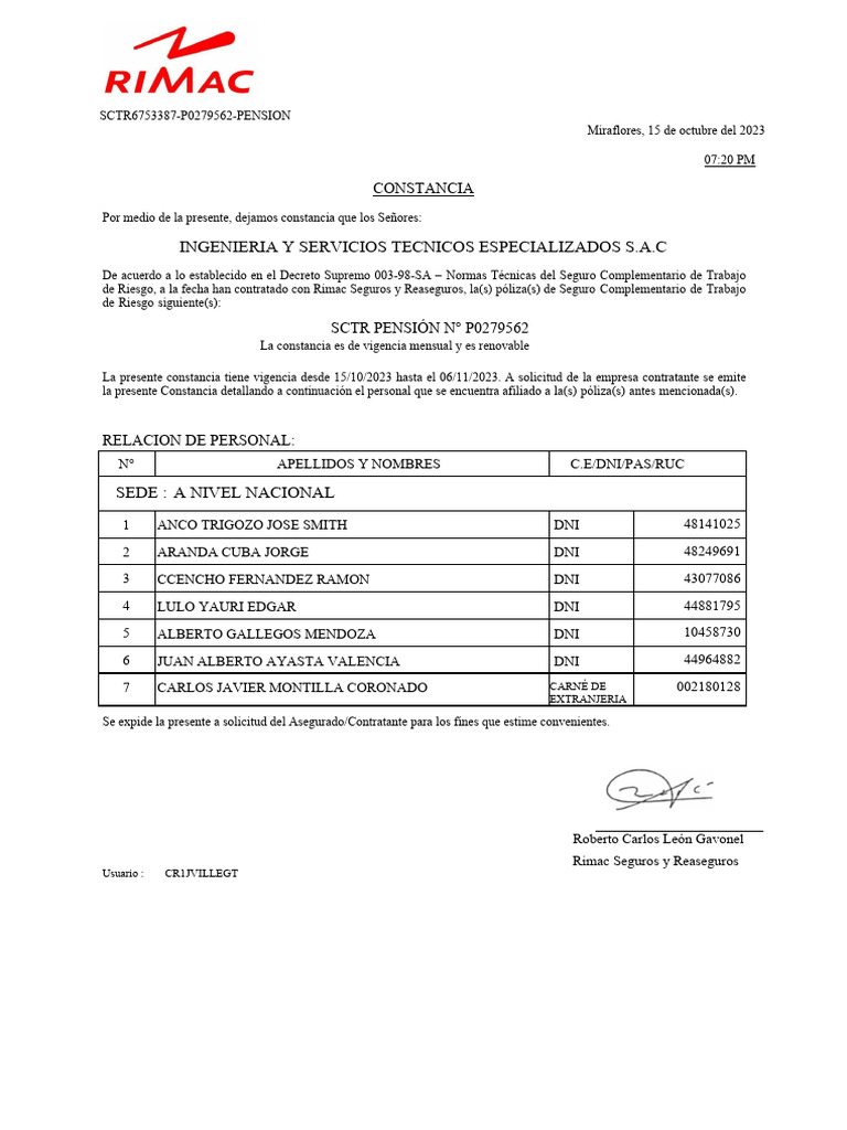 Constancia SCTR Pensión Octubre 2023 | PDF | Seguro | Riesgo financiero