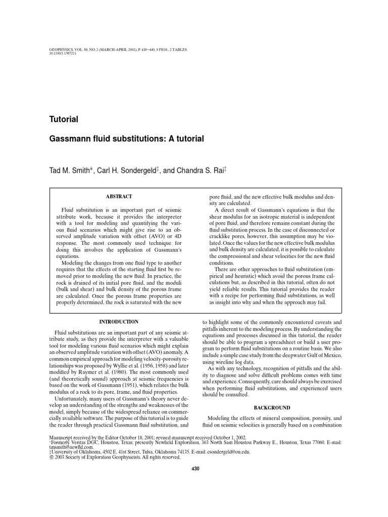Gassmann Fluid Substitution Tutorial | PDF | Porosity | Shear Stress