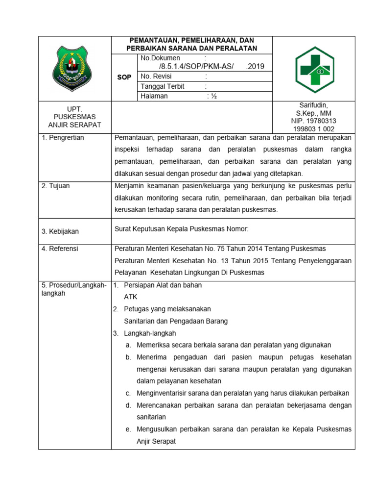 8.5.1.4.b SOP PEMANTAUAN, PEMELIHARAAN, DAN PERBAIKAN SARANA DAN PERALATAN | PDF