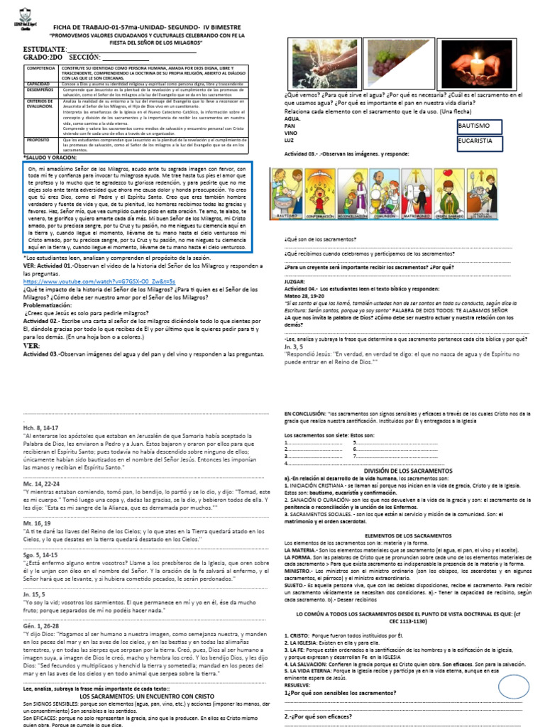 FICHA-01-2DO-7ma UNI IV BIM LOS SACRAMENTOS | PDF | Sacramentos | Cristo (título)
