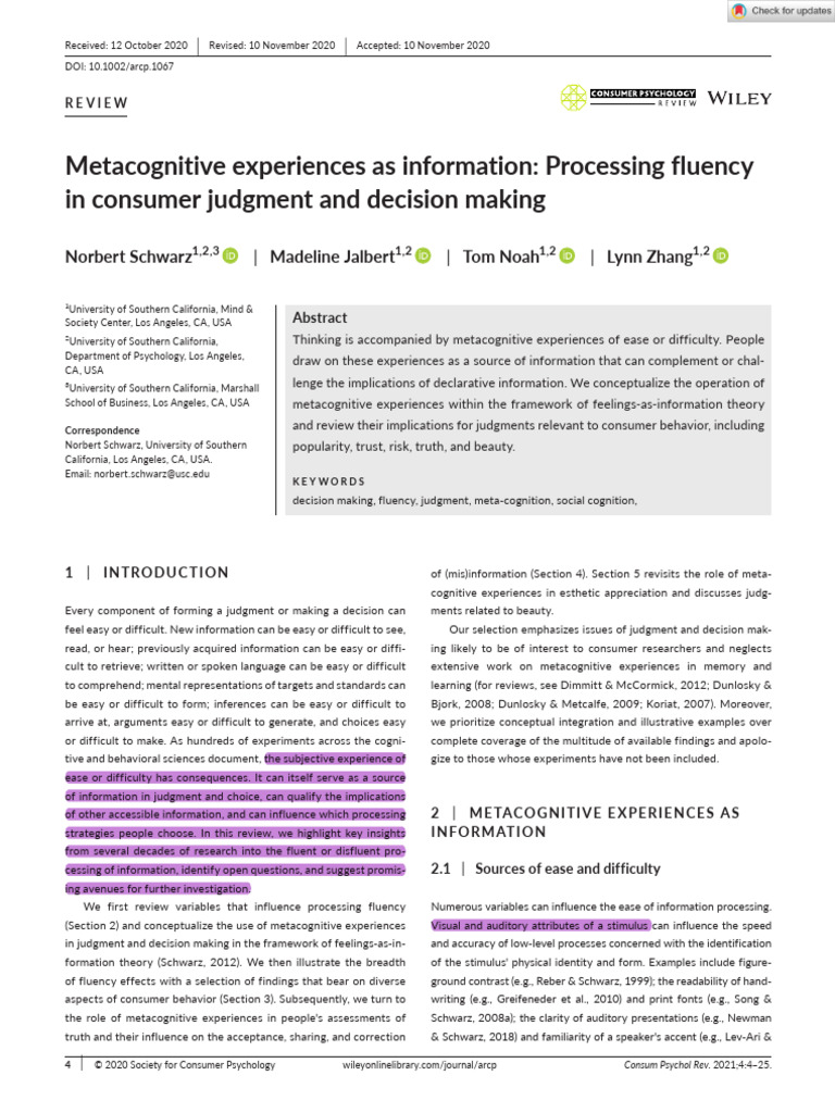 Consumer Psychology Review - 2020 - Schwarz - Metacognitive Experiences ...