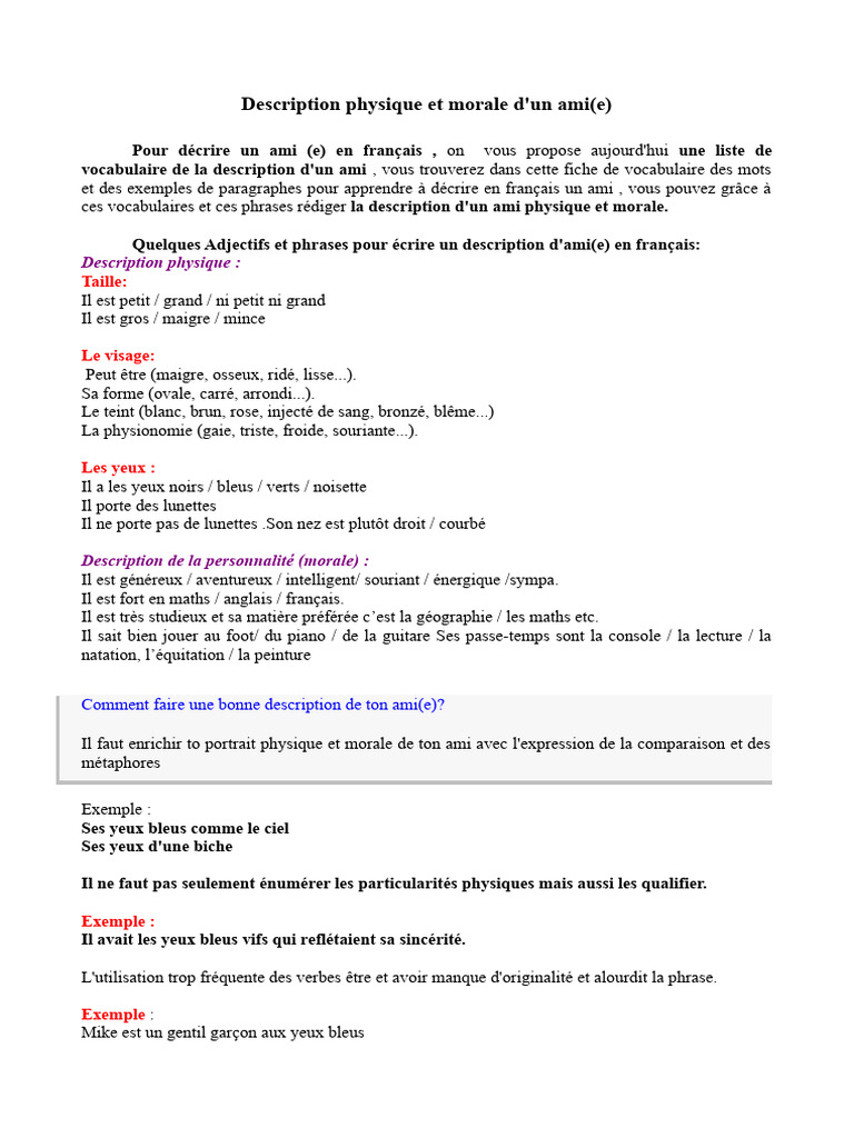 La Description Physique Et Morale D'un (E) Ami (E) | PDF | Sourire | Couleur des yeux
