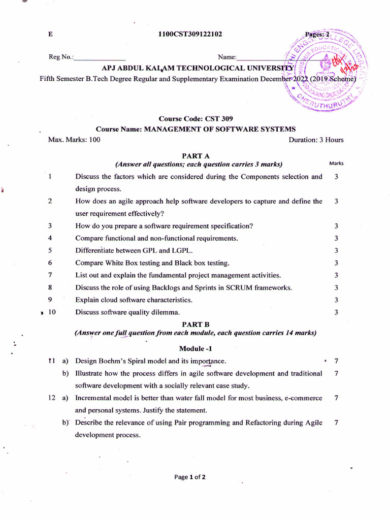 CST 309 Mangement of Software Systems, Decemebr 2022 | PDF | Agile ...
