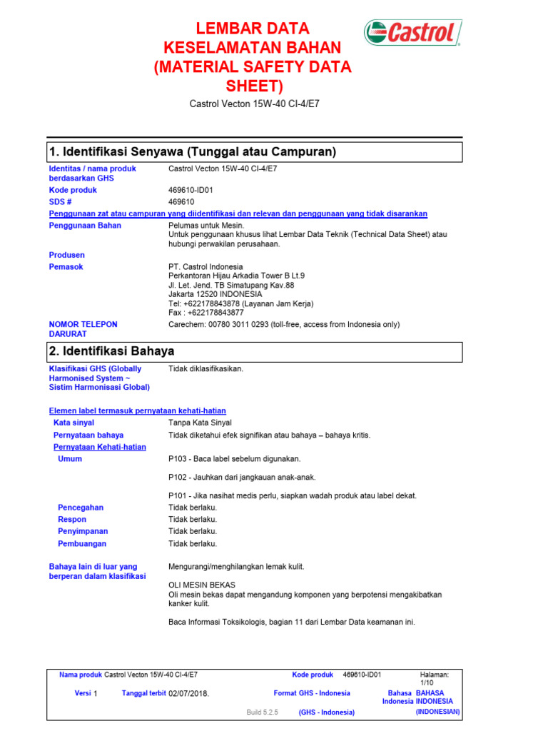 02 Castrol Vecton 15W-40 CI-4E7 - MSDS Indonesia_111350 | PDF