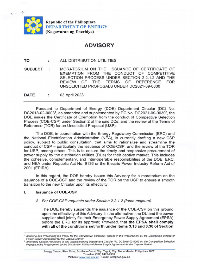 DOE Advisory On COE-CSP (03 Apr 2023) | PDF