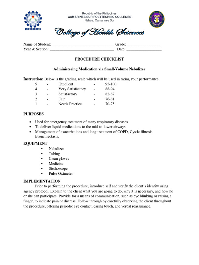 Nebulization Procedure Checklist | PDF | Medicine | Medical Specialties