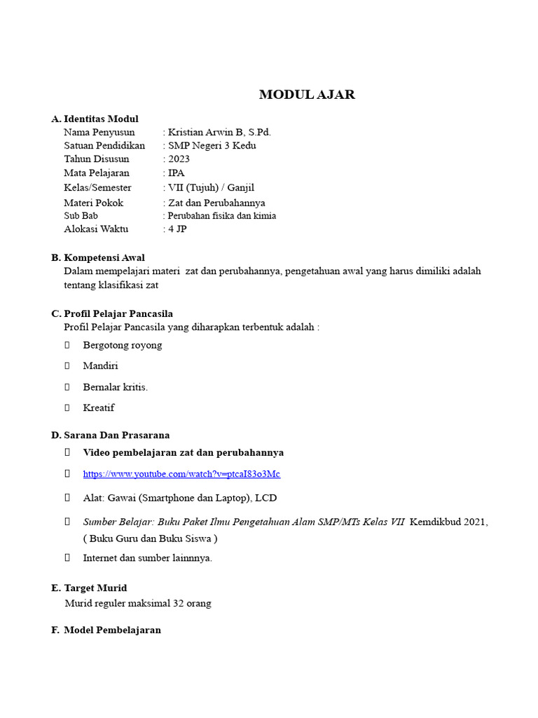 Bab 2 Modul Ajar Zat Dan Perubahannya Fixx | PDF