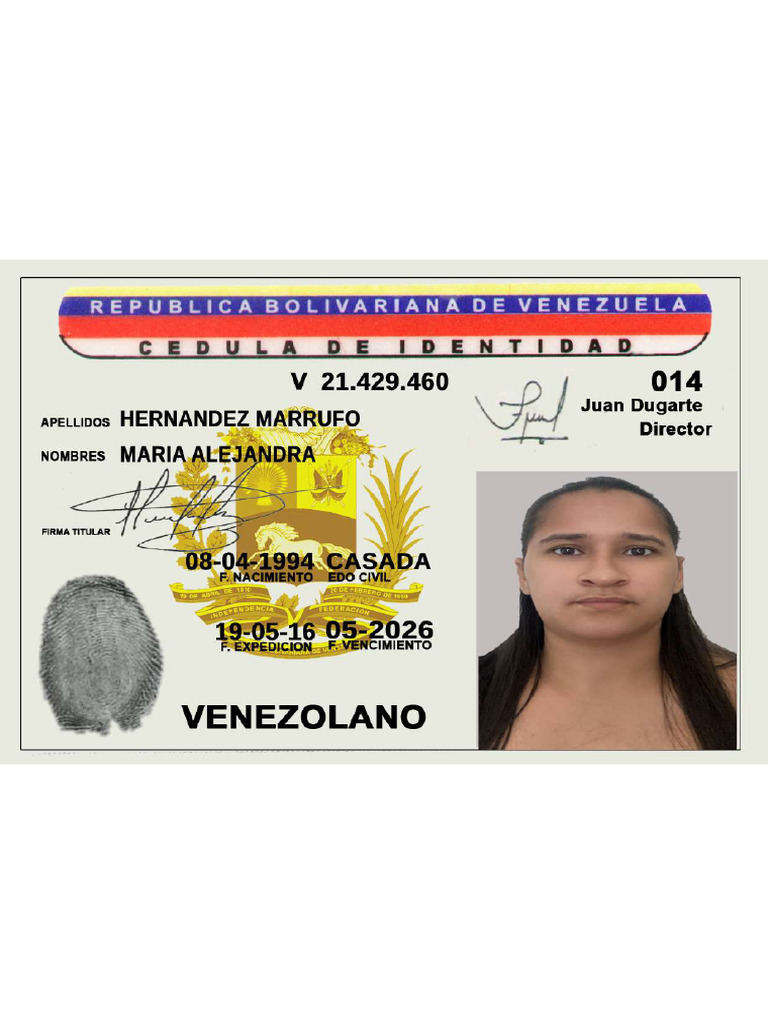 República Bolivariana de Venezuela Saime Cedula Identidad Hernandez Marrufo María Alejandra | PDF