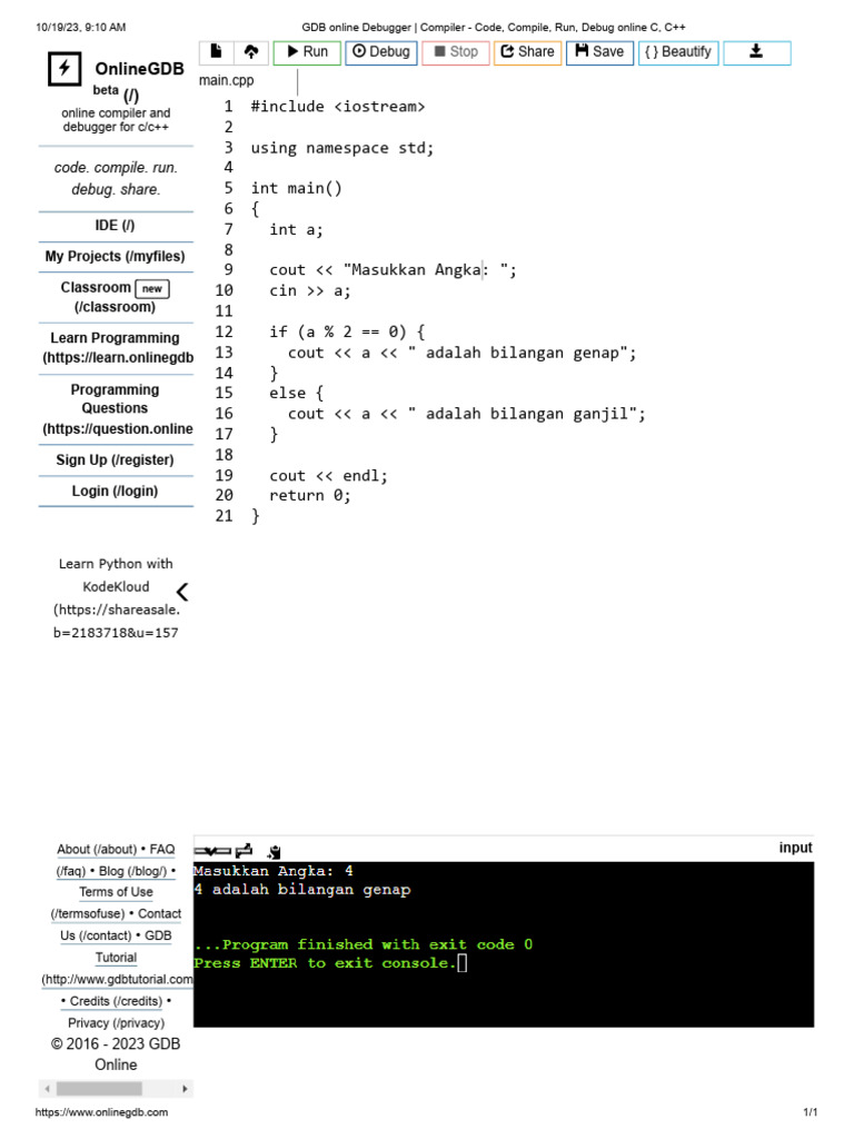 Onlinegdb (/) : Code. Compile. Run. Debug. Share | PDF
