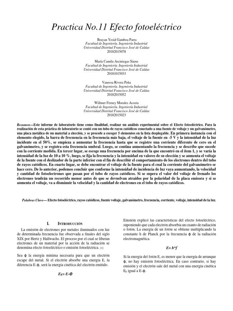 Practica No. 11 Efecto Fotoeléctrico | PDF | Efecto fotoeléctrico | Corriente eléctrica