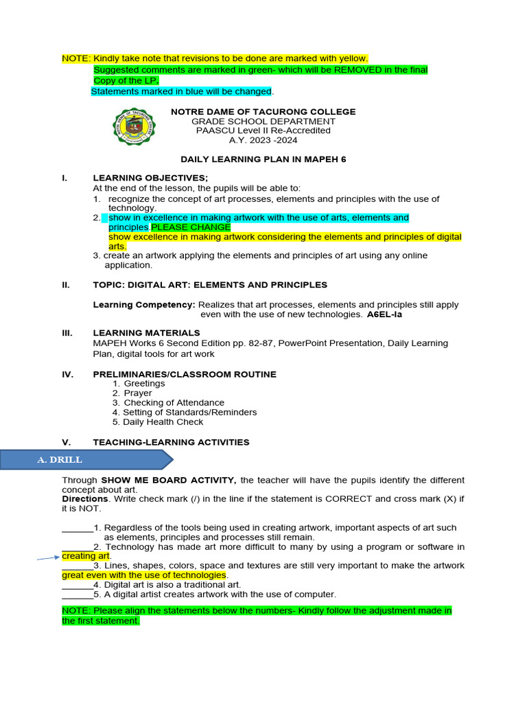 MAPEH 6 LP Week 2 ARTS Ok | PDF | Teachers | Classroom