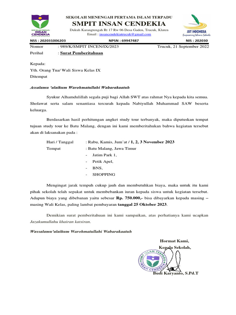 Surat Pemberitahuan Study Tour | PDF