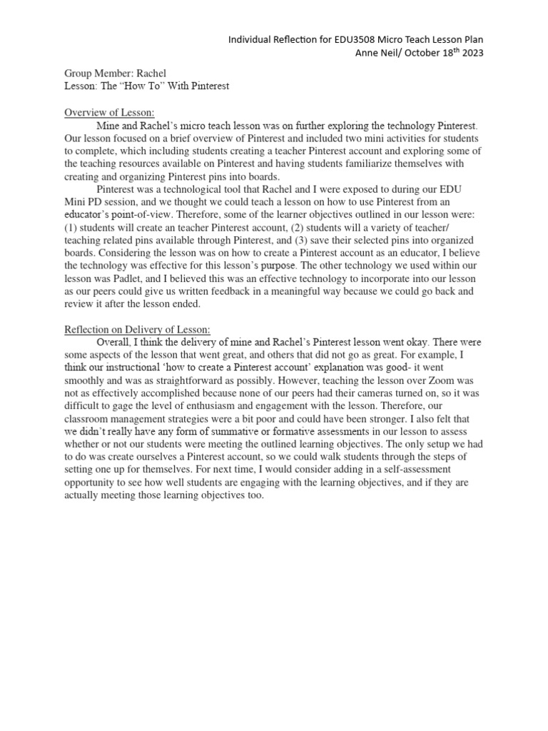 Lesson Reflection | PDF | Career & Growth