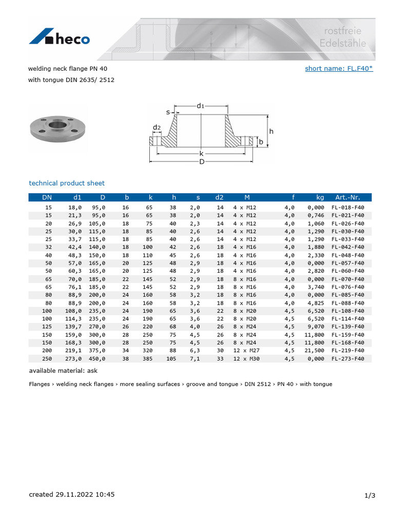 Heco Product Sheet 1272 Stainless Steel Welding Neck Flanges More ...