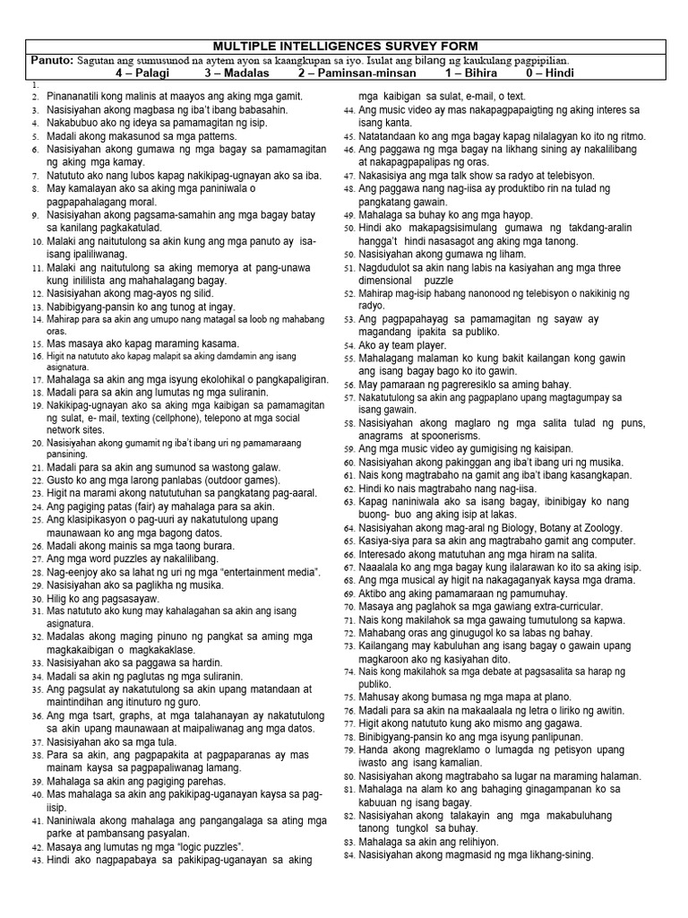 Multiple Intelligences Survey Form | PDF