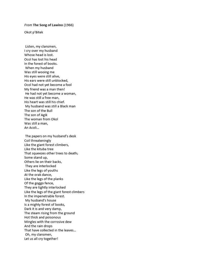 From The Song of Lawino by Okot P'bitek | PDF