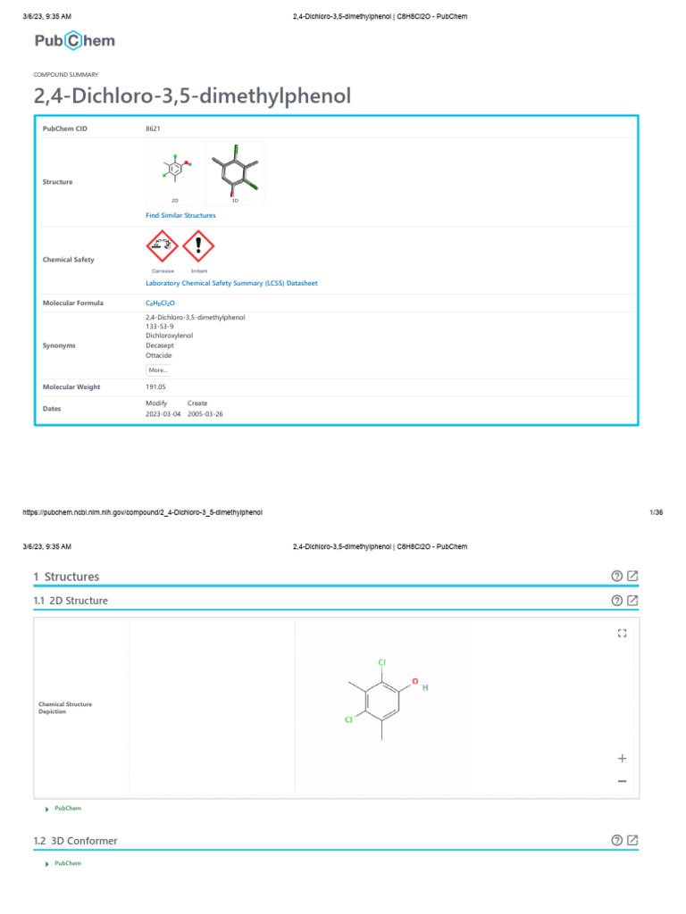 2,4 Dichloro 3,5 Dimethylphenol - C8H8Cl2O PubChem | PDF | Chemical ...
