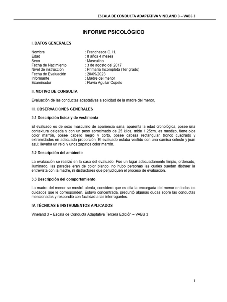 Informe Final Vineland 3 - Vabs 3.Docx | PDF | Sicología