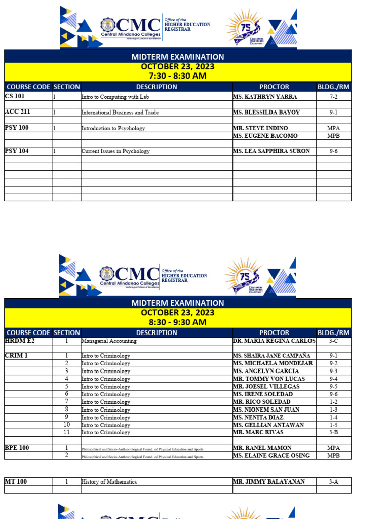 Midterm Exam Schedule | PDF | Science & Mathematics