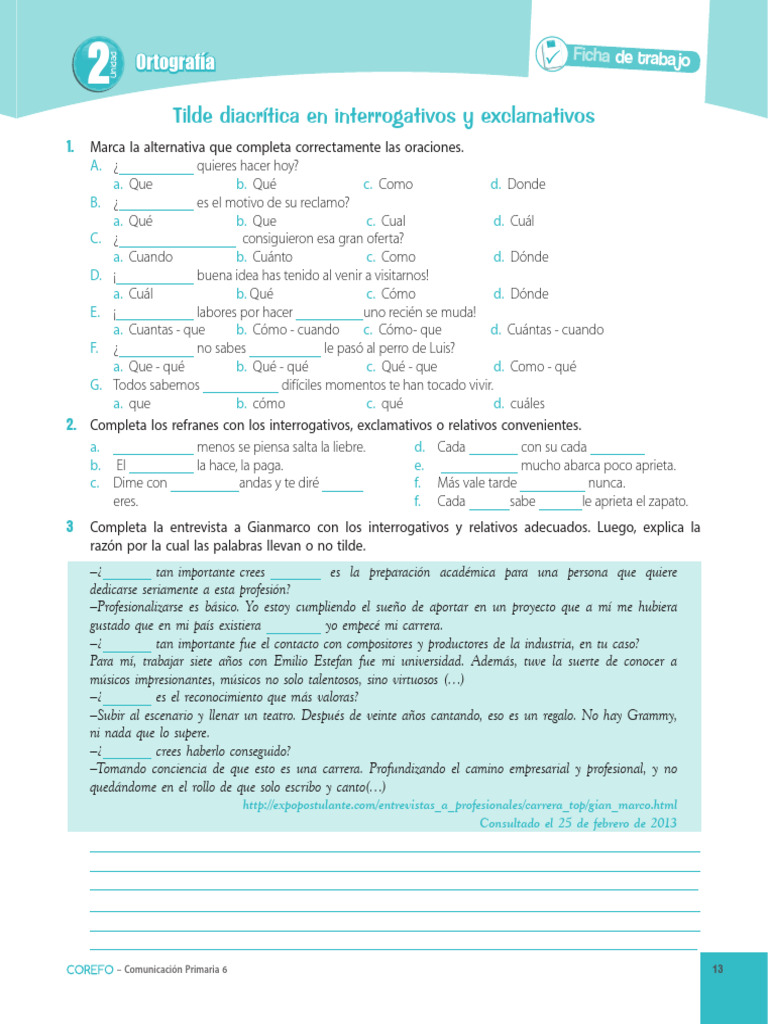 Ficha de Ortografía Tilde Diacrítica en Interrogativos y Exclamativos ...