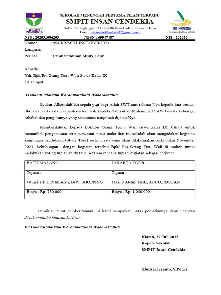 Surat Pemberitahuan Voting Study Tour | PDF