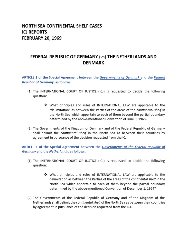 North Sea Continental Shelf Case (Germany v. Netherlands and Denmark) | PDF | Territorial Waters ...