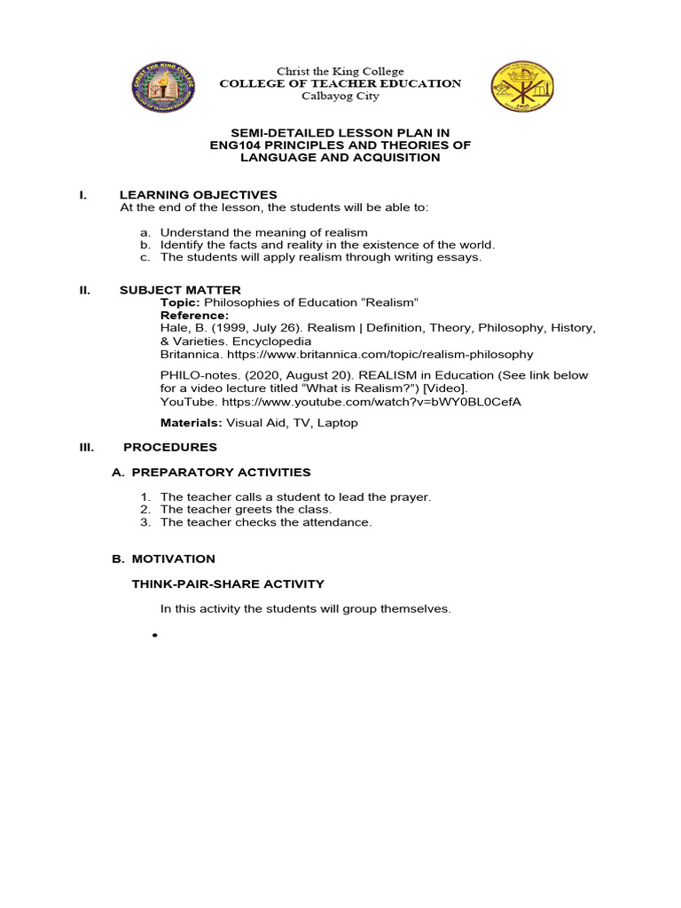 Lesson Plan | PDF | Philosophical Realism | Reality