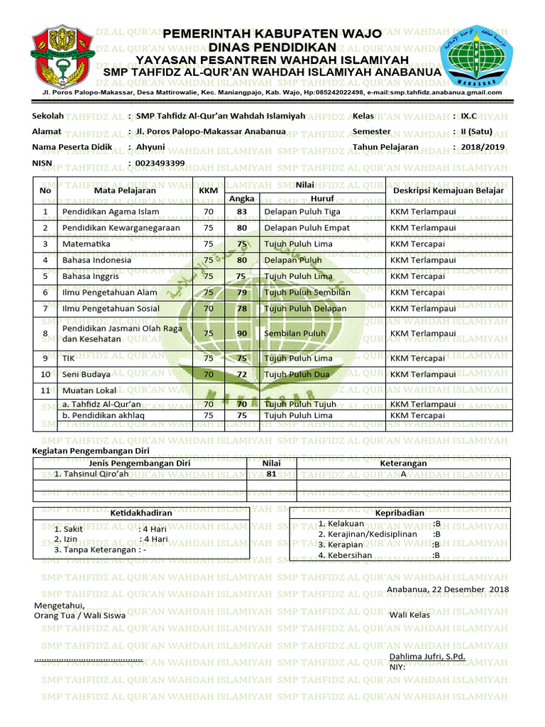 Contoh Format Rapor KTSP | PDF | Agama & Spiritualitas