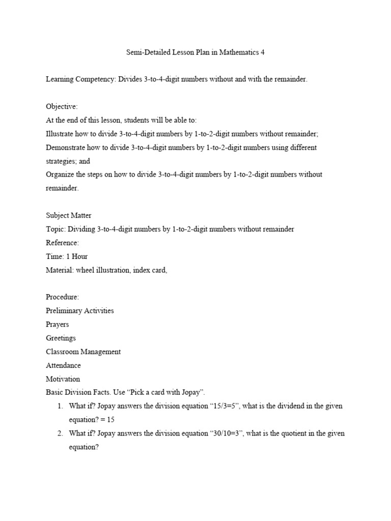 Semi-Detailed Lesson Plan in Mathematics 4 | PDF | Division ...