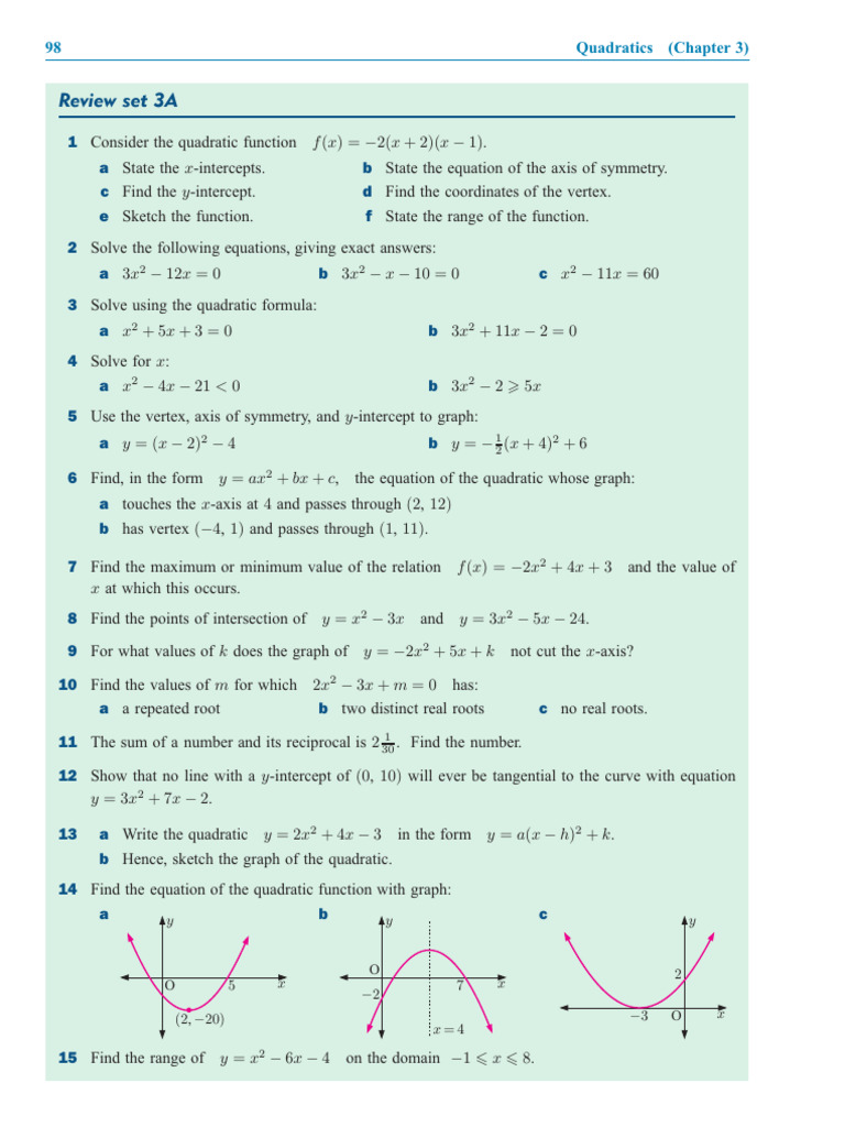 Review Set 3A - Haese Add Maths - 230731 - 075712 | PDF | Quadratic ...