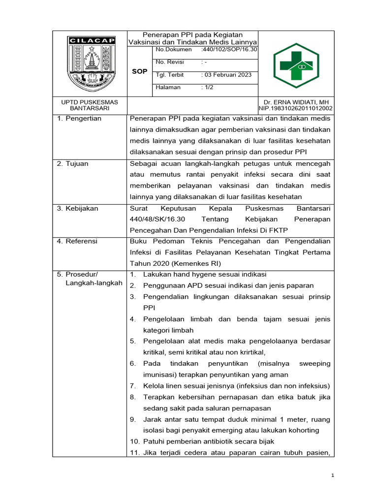 SOP Penerapan PPI Pada Kegiatan Vaksinasi Dan Tindakan Medis Lainnya ...