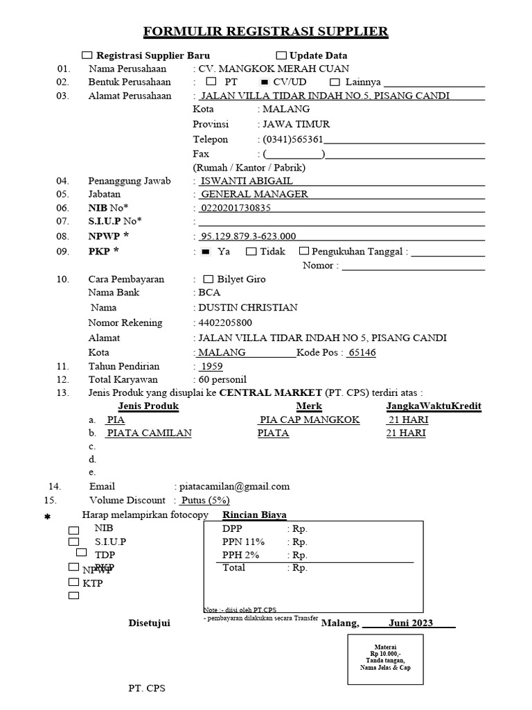 Formulir Registrasi Supplier Central Market | PDF