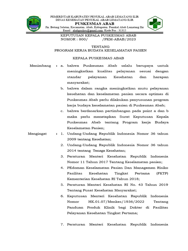 SK Program Kerja Keselamatan Pasien | PDF